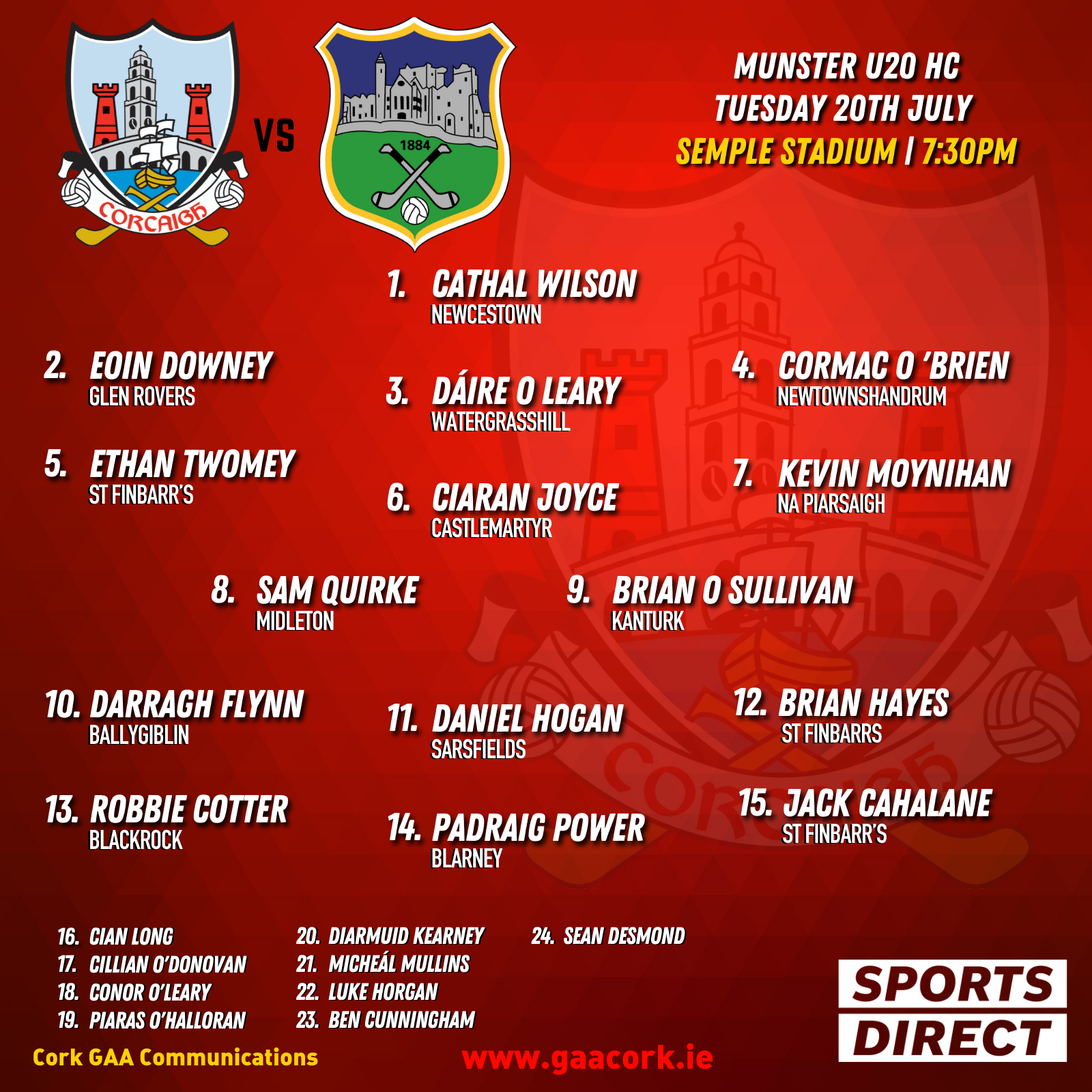 Cork U20 Hurling team to play Tipperary has been announced – Cork GAA