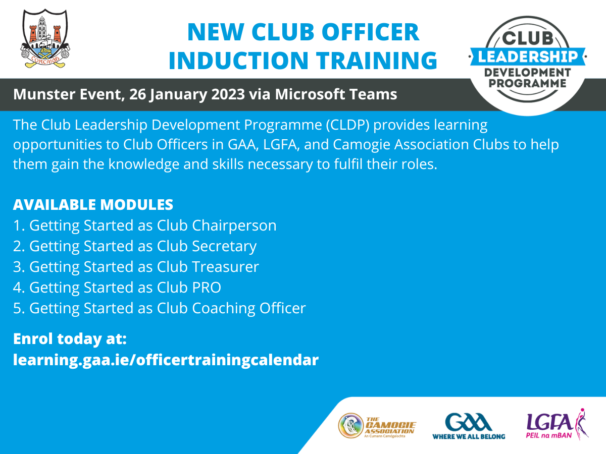 Club Officer Induction Training – Thursday 26th January – Cork GAA