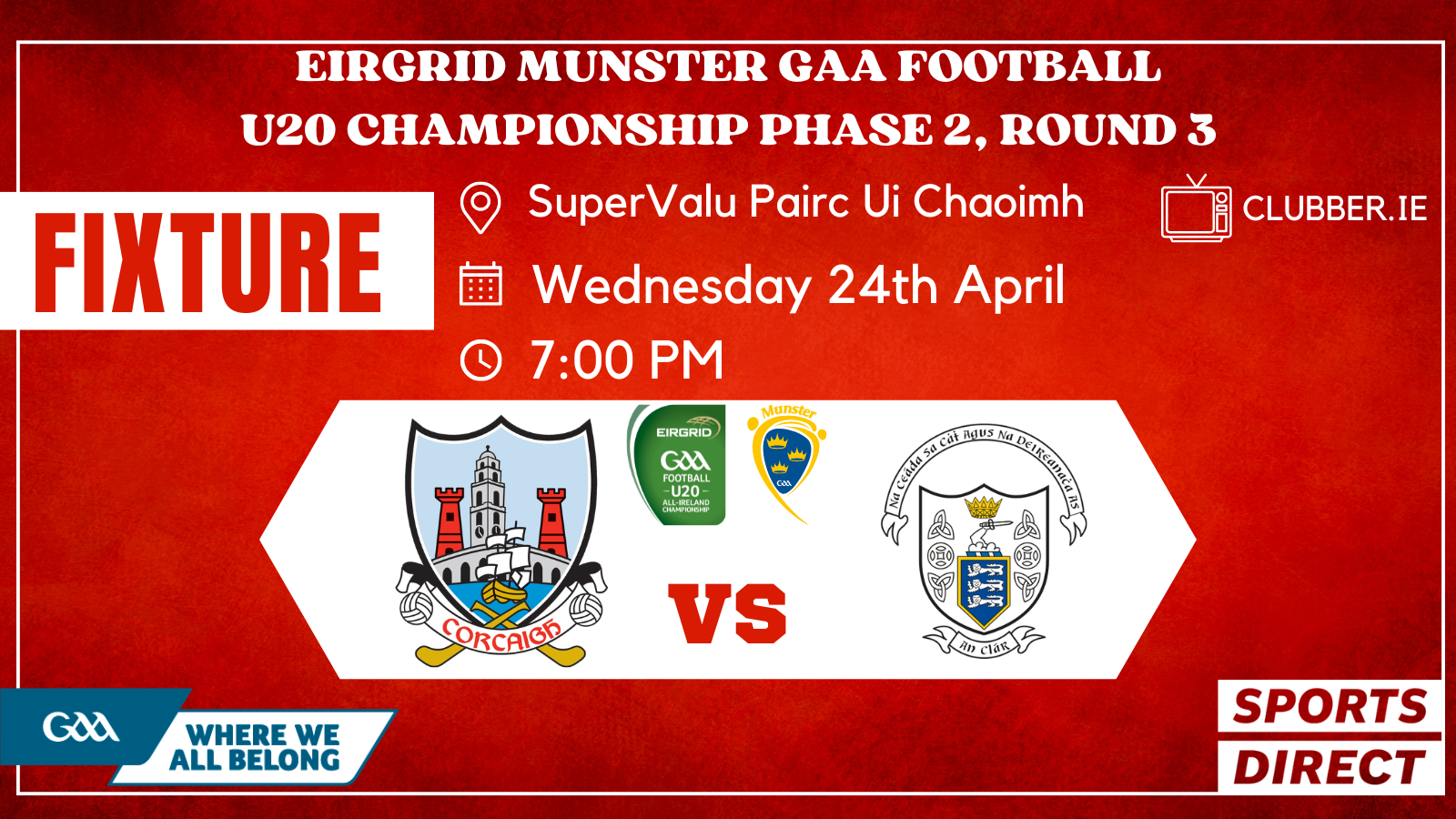 The Cork U20 Football team to play Clare has been announced; – Cork GAA